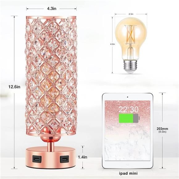 Accents | Crystal Table Lamp Rose Gold Lamp With Usb Ports 3 Way ...